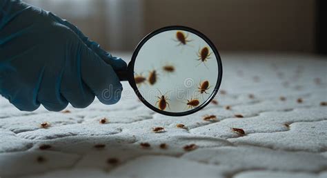 Bed Bug Infestation Examining Mattress With Magnifying Glass For Pests