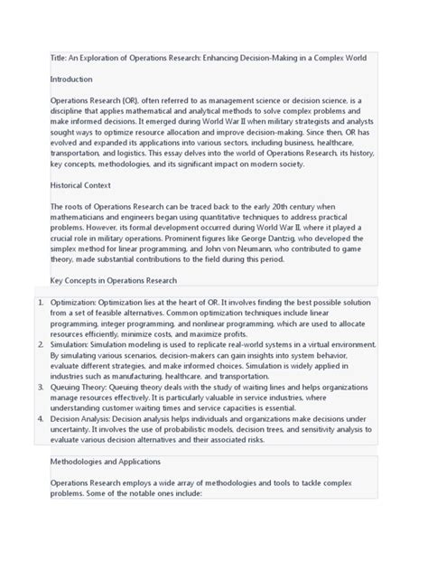 An Exploration Of Operations Research Enhancing Decision Making In A Complex World Pdf