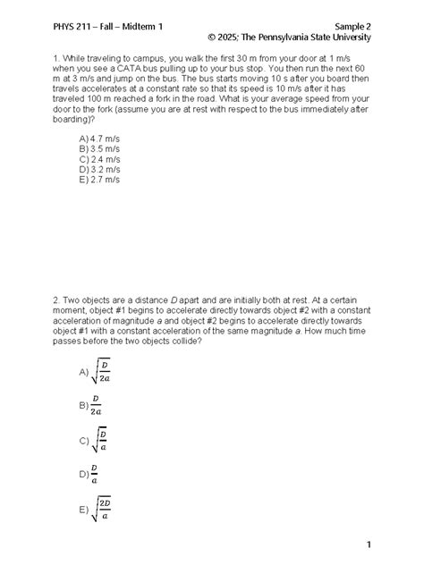 PHYS Fall Midterm Sample Questions And Solutions Studocu