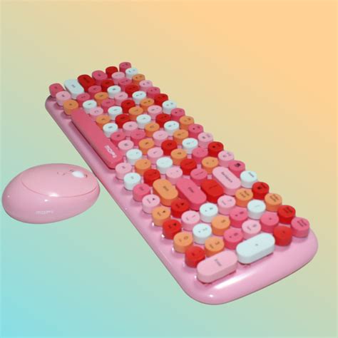 Mofii Pink Wireless Keyboard And Mouse Combo With Colorful Retro Style Typewriter Keyboard Round