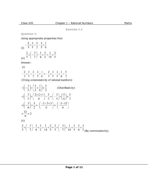 NCERT Solutions For Class Maths Chapter Rational Numbers Free PDF