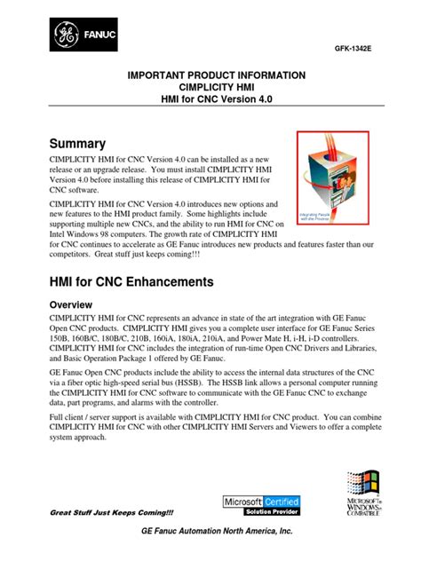 Gfk1342e Important Product Information Cimplicity Hmi For Cnc Version