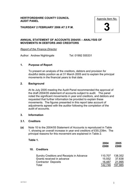 Analysis Of Movements In Debtors And Creditors