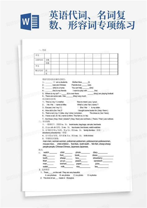 英语代词、名词复数、形容词专项练习word模板下载 编号lebxbxjk 熊猫办公