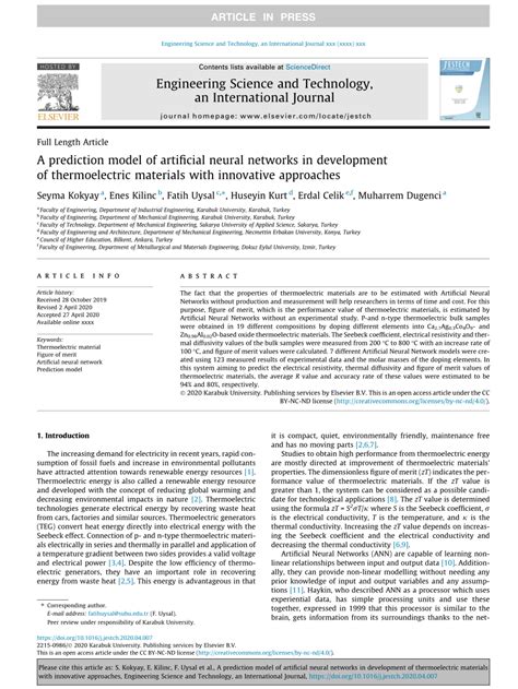 Pdf A Prediction Model Of Artificial Neural Networks In Development Of Thermoelectric