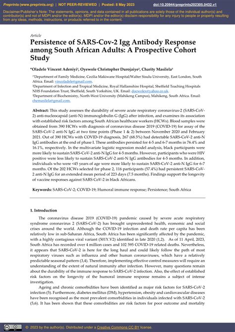 Pdf Persistence Of Sars Cov 2 Igg Antibody Response Among South