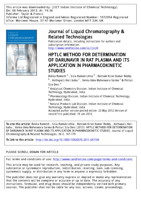 pdf hptlc method for determination of darunavir in rat plasma and its
