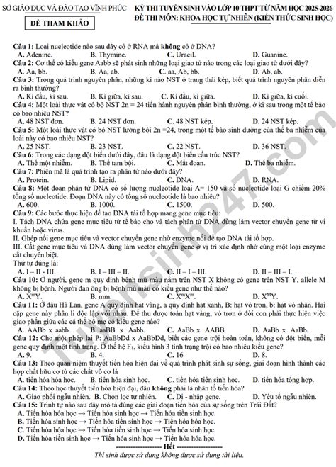 Đề minh họa vào lớp 10 môn Sinh Vĩnh Phúc 2025
