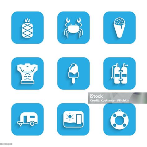 세트 아이스크림 여행 엽서 Lifebuoy 아쿠아룽 Rv 캠핑 트레일러 보디 빌더 근육 와플 콘과 파인애플 아이콘 벡터 0명에 대한 스톡 벡터 아트 및 기타 이미지 Istock