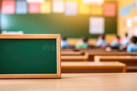 Empty Classroom With Green Chalkboard And Wooden Desk In Focus Stock Image Image Of Indoors