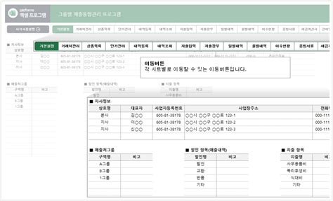 비즈샵 그룹별 매출통합관리 프로그램기본설정 거래처관리 상품목록 단가관리 지출장부 일별내역 월별내역 미수현황