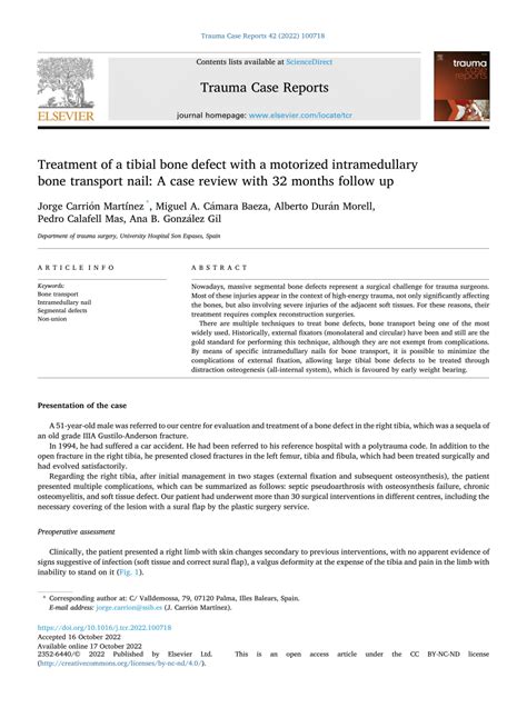 Pdf Treatment Of A Tibial Bone Defect With A Motorized Intramedullary Bone Transport Nail A
