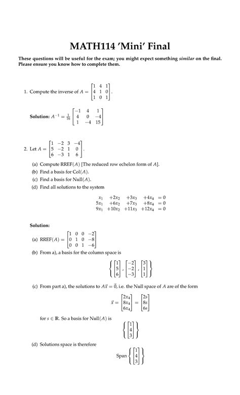 Math114 Mini Final Practise Math114 Mini Final These Questions