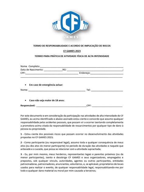 Termo De Responsabilidade E Acordo De Implicação De Riscos Pdf Física
