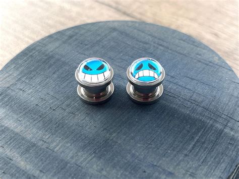 Pair Happy Sad Face Stainless Steel Screw Back Gauges Anime Plugs Etsy