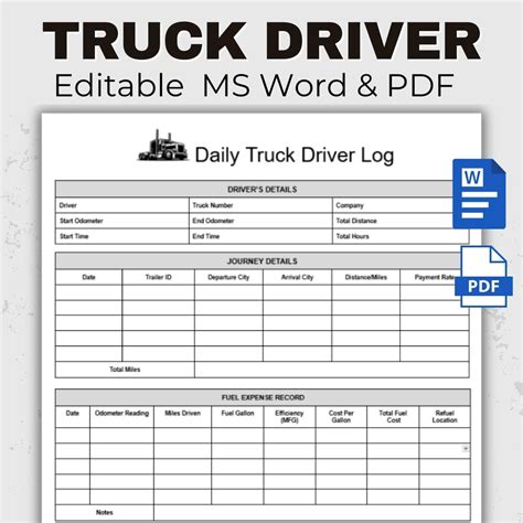 Truck Driver Log Template Fuel And Expense Tracker Journey Logbook Word Pdf Etsy