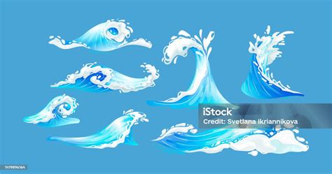 바다 바다 파도 세트 푸른 물 바다 파도 바다 서핑 웨이브 잔물결 조수 바다 폭풍 쓰나미 갯벌 다른 모양 스프레이와 스플래시 워터 모션 0명에 대한 스톡 벡터 아트 및 기타