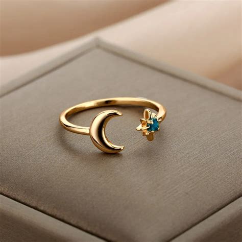 Zircon Moon Rings For Women Stainless Steel Glowing Moon Star