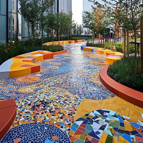 Colorful Ceramic Mosaic Walkway In Urban Park With Artistic Benches And