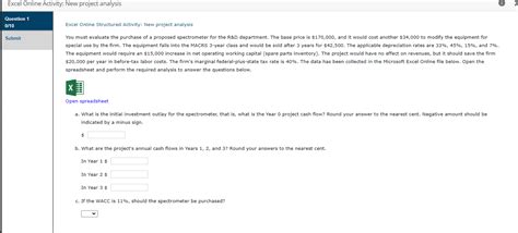 Solved Excel Online Activity New Project Analysis Question Chegg Com