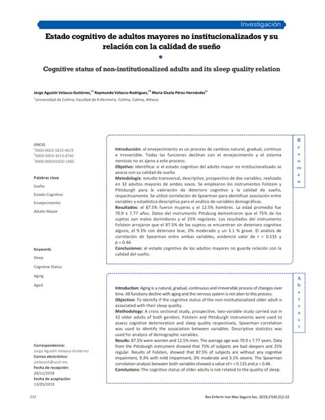Pdf Cognitive Status Of Non Institutionalized Adults And Its Sleep Quality Relation