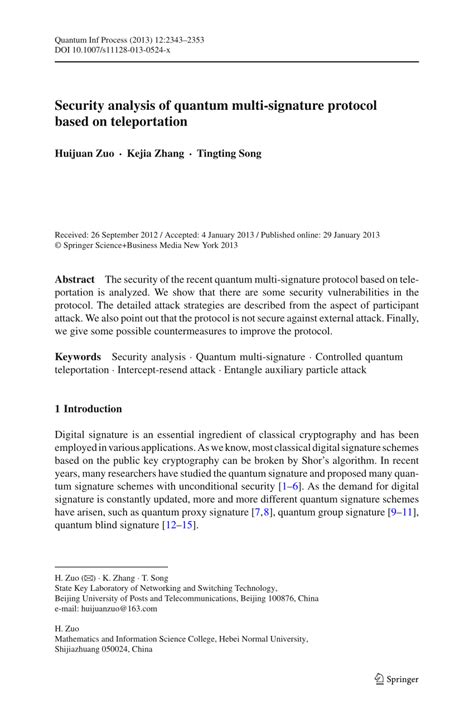 Pdf Security Analysis Of Quantum Multi Signature Protocol Based On Teleportation
