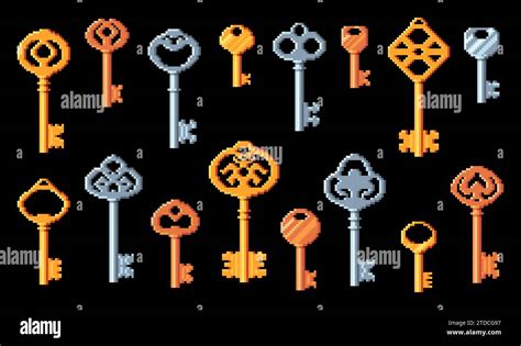 vintage and modern keys pixel art 8bit game icons golden and silver