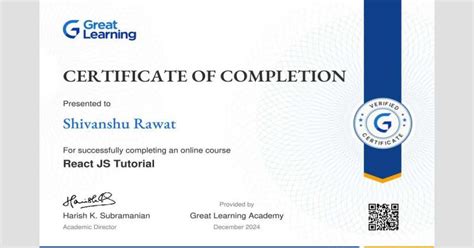 React Js Tutorial Course Completion Certificate For Shivanshu Rawat