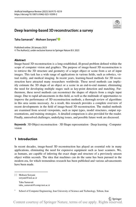 Deep Learning Based 3d Reconstruction A Survey Request Pdf