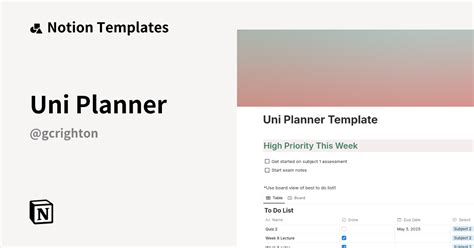 Uni Planner Template By Grace Crighton Notion Marketplace