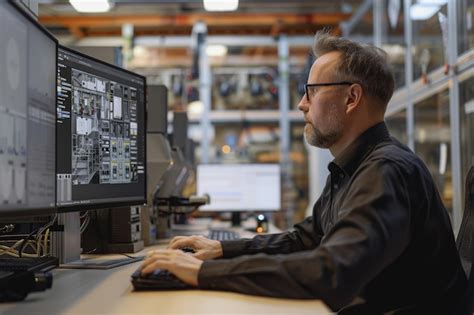 Premium Photo Engineer Working On A Computer With Two Displays Drawing And Designing In Cad