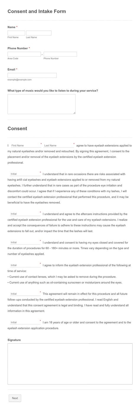 Lash Extension Consent And Intake Form Template Jotform