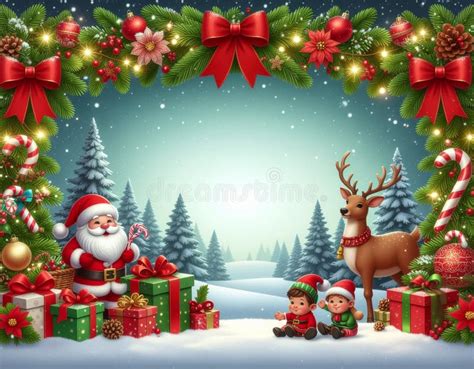 Festive Christmas Scene With Santa Reindeer And Elves Stock