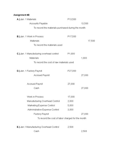 Assignment For Cost Accounting Assignment A Jan 1 Materials P13