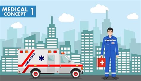 의료 개념입니다 평면 스타일에 도시와 배경에 유니폼에 긴급 의사 남자의 상세한 그림 벡터 일러스트입니다 구급대원에 대한 스톡 벡터 아트 및 기타 이미지 Istock