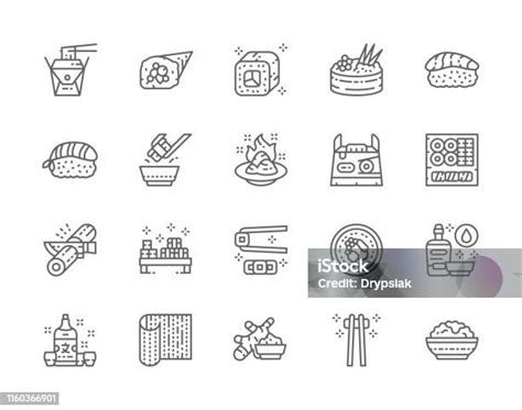일본 음식과 스시 라인 아이콘의 집합입니다 필라델피아 롤 생강 테마키 니기리 와사비 테이크 아웃 박스 아이콘에 대한 스톡 벡터 아트 및 기타 이미지 Istock