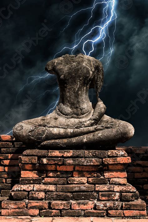Old Headless Broken Buddha Statue Lightning At Ayutthaya Thailand