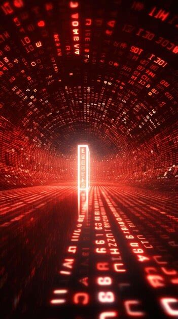 Red Abstract Binary Code Background With Glowing Light Rays And Digital