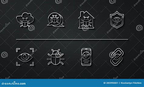 Set Line System Bug On A Cloud Eye Scan Shield And Eye Smartphone Chain Link And House