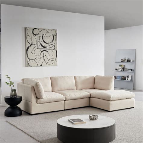 L Shape Modular Soft Fabric Sofa Filled With Down Beige Groovy