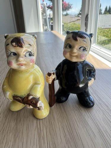 Vintage Pixie Elves Devil Japan Miniature Figurine Ceramic Set Of 2