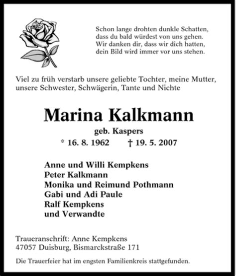 Traueranzeigen Von Marina Kalkmann Trauer In Nrwde