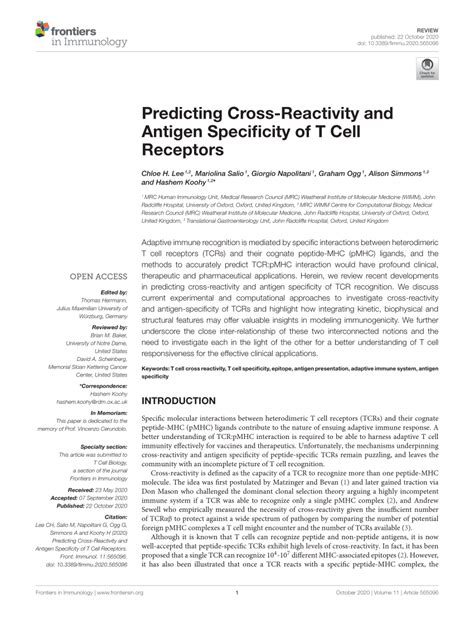 Pdf Predicting Cross Reactivity And Antigen Specificity Of T Cell Receptors