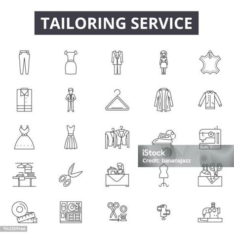 맞춤형 서비스 라인 아이콘 기호 설정 벡터 테일러 링 서비스 개요 컨셉 일러스트레이션 서비스 테일러 링 패션 장비 제작 의류 가위에 대한 스톡 벡터 아트 및 기타 이미지
