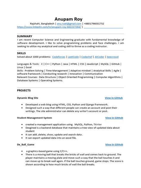 anupam roy cv for coding instuctor pdf computer programming