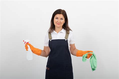 손에 걸레를 들고 여자를 청소하는 한 여성이 공기 청정기 스프레이를 들고 있다 집 청소 개념 또는 사무실 청소 개념 가사