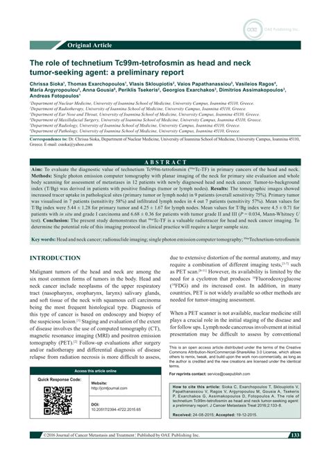 PDF The Role Of Technetium Tc M Tetrofosmin As Head And Neck Tumor Seeking Agent A
