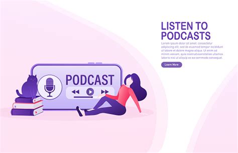 온라인 팟 캐스트를 듣고 휴식 소녀 마케팅 디자인을위한 만화 스마트 폰 팟 캐스트 소셜 미디어 포스터 최신 디지털 장치 템플릿 모바일 인터넷 소셜 미디어 3차원 형태에 대한