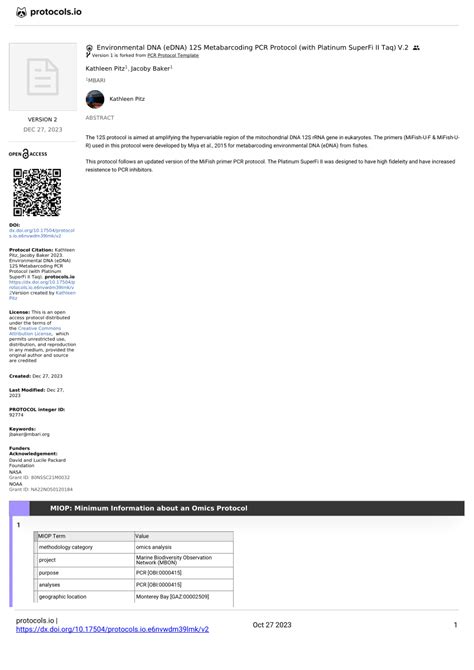 Pdf Environmental Dna Edna 12s Metabarcoding Pcr Protocol With Platinum Superfi Ii Taq V2