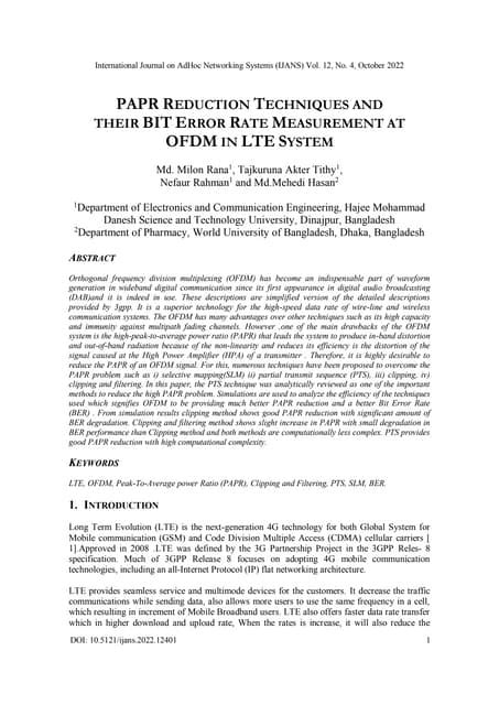 Papr Reduction Techniques And Their Bit Error Rate Measurement At Ofdm In Lte System Pdf